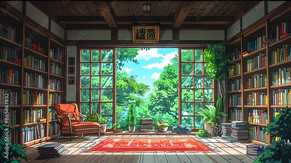 Japanese indoor house with window landscape scene Anime illustration ...