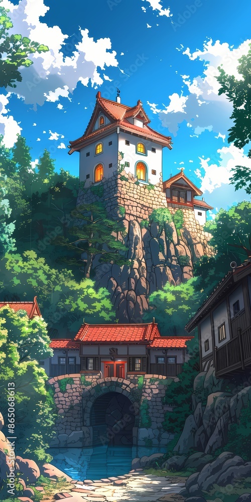 Fantasy castle architecture at top of mountain hill Anime illustration ...