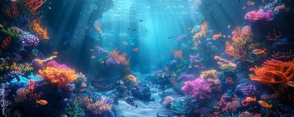 3D rendered isometric underwater city, marine life, coral reefs ...