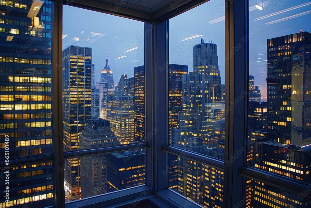 A birds eye view of a bustling city illuminated by lights at night ...