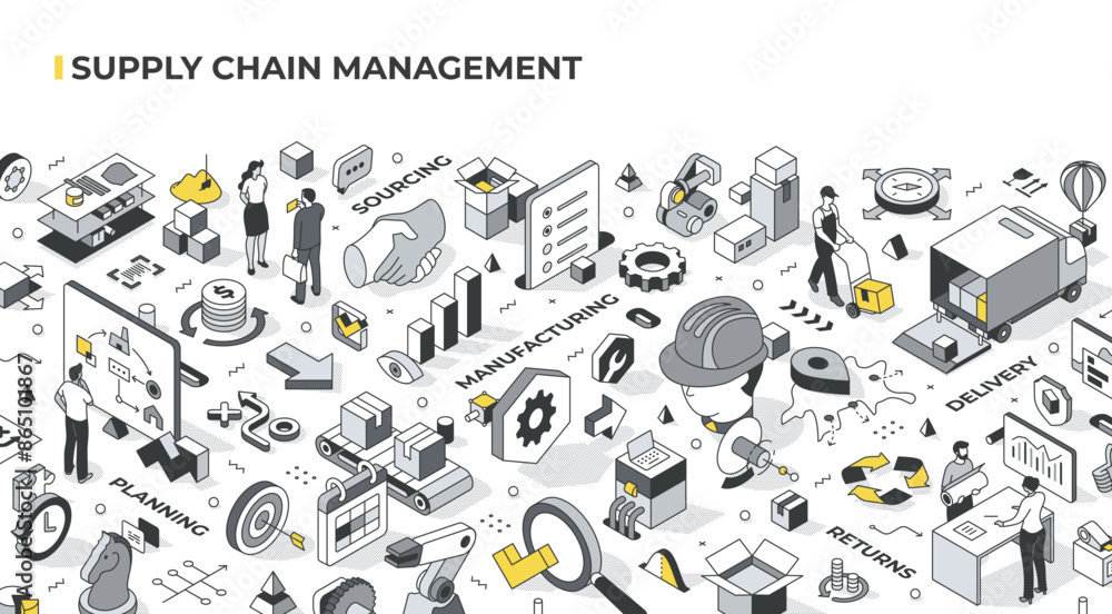 Isometric illustrations of the supply chain management process, showing ...