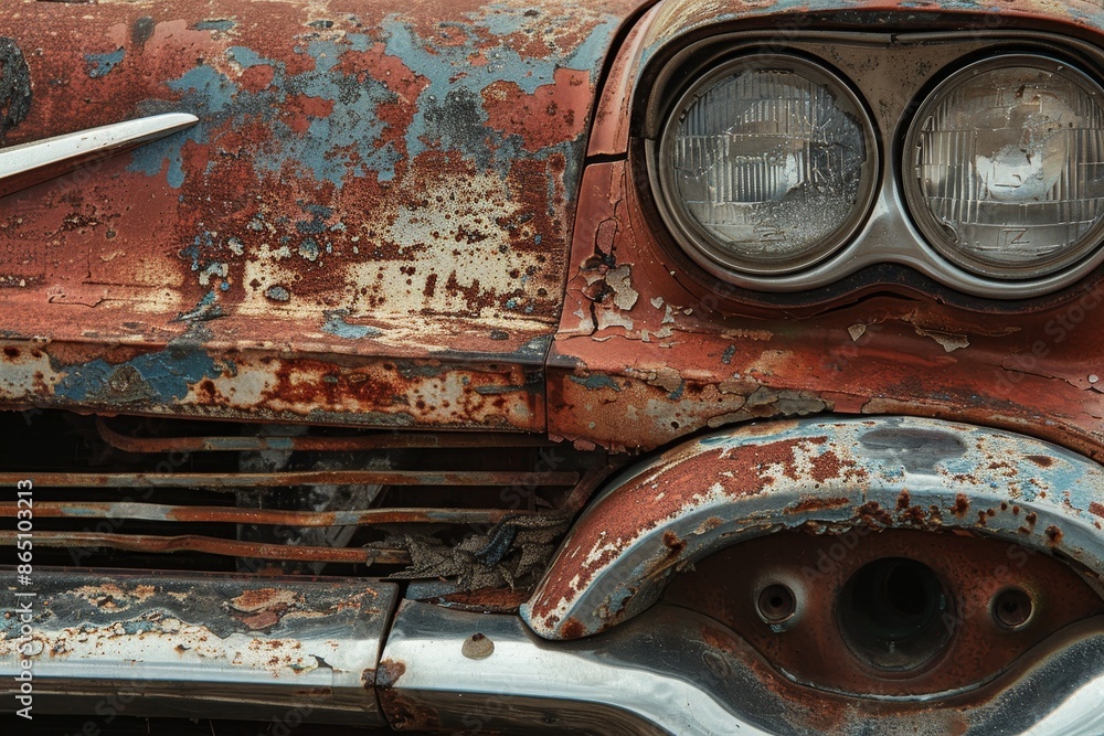 A weathered, rusted vintage car with a pair of scissors stuck in its ...