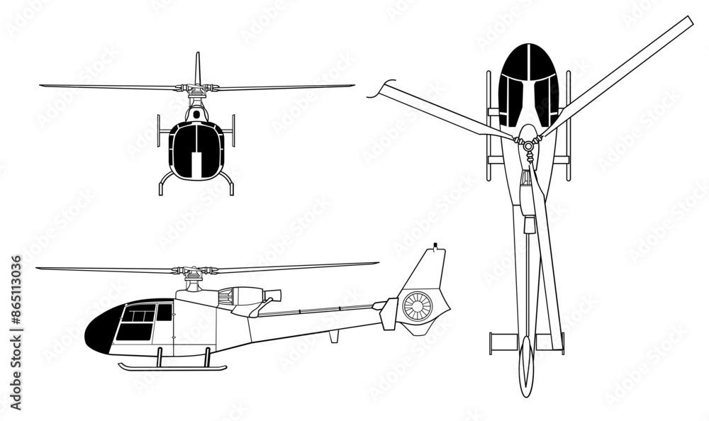 Aérospatiale_SA_342_Gazelle_orthographical_image blank, outline vector ...