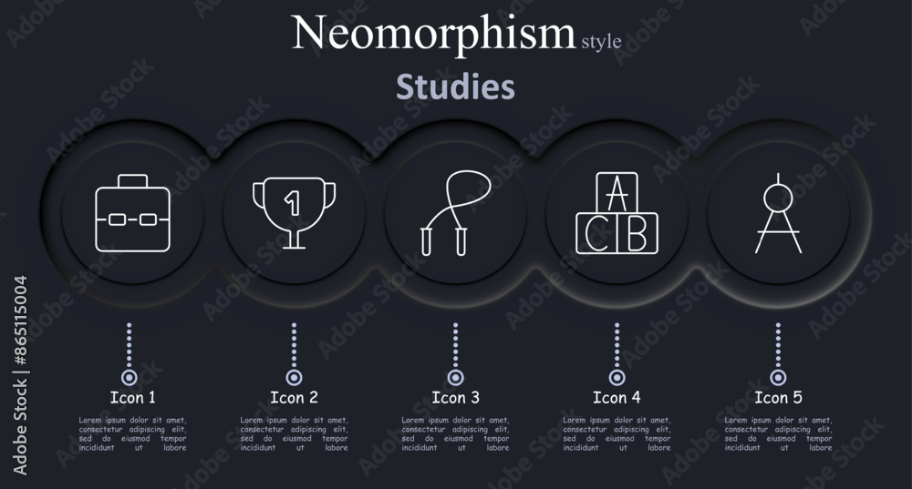 Studies set icon. Briefcase, trophy, jump rope, alphabet blocks ...