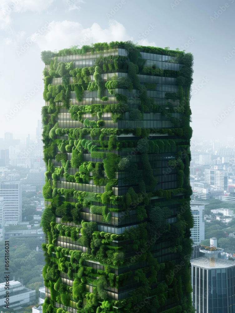 Green vertical garden skyscraper covered in lush plants and foliage ...