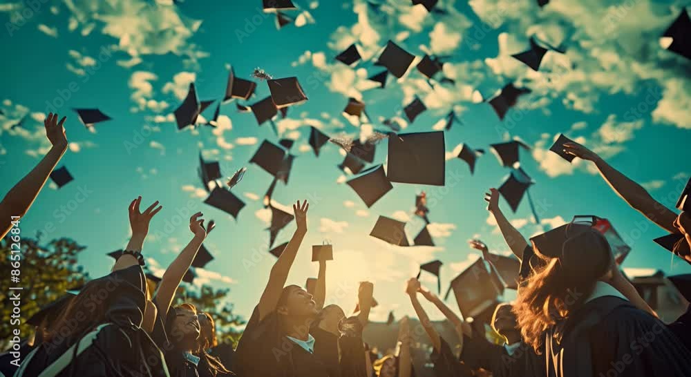 Students throwing graduation caps in the sky with happiness ...