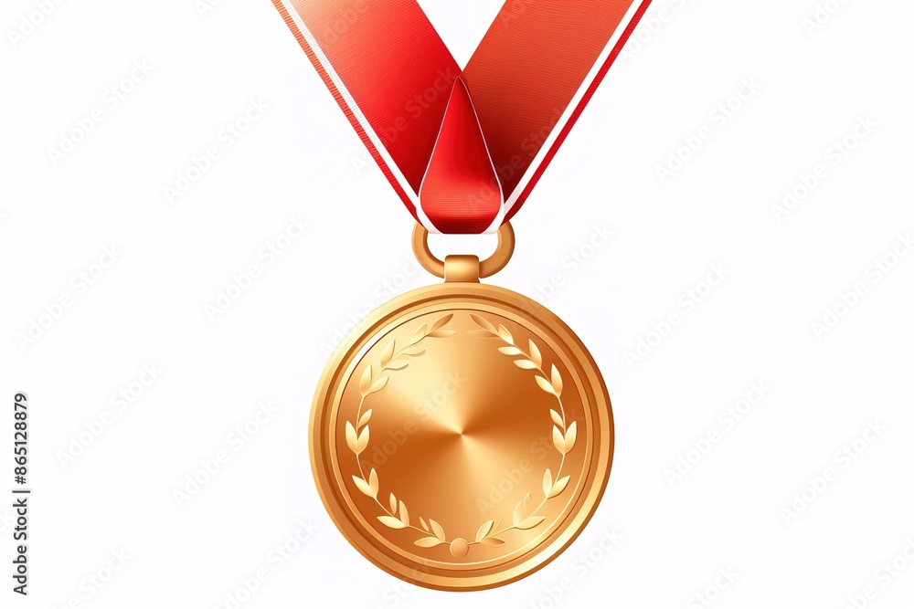 Gold medal with red ribbon first place vector illustration. Realistic ...
