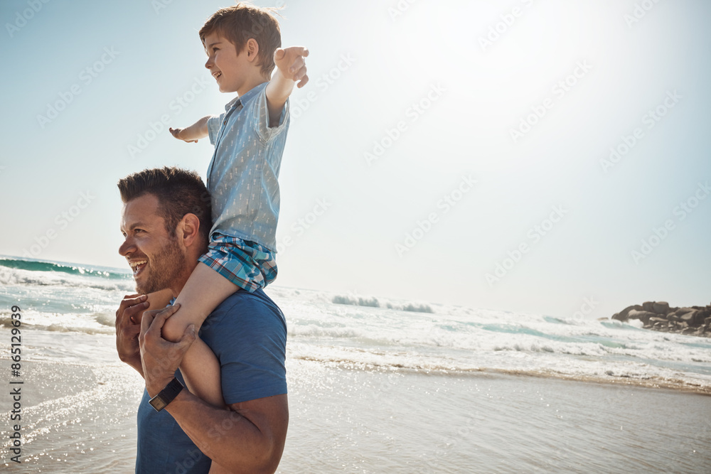 Father, beach and child on shoulders for airplane, vacation or waves to ...