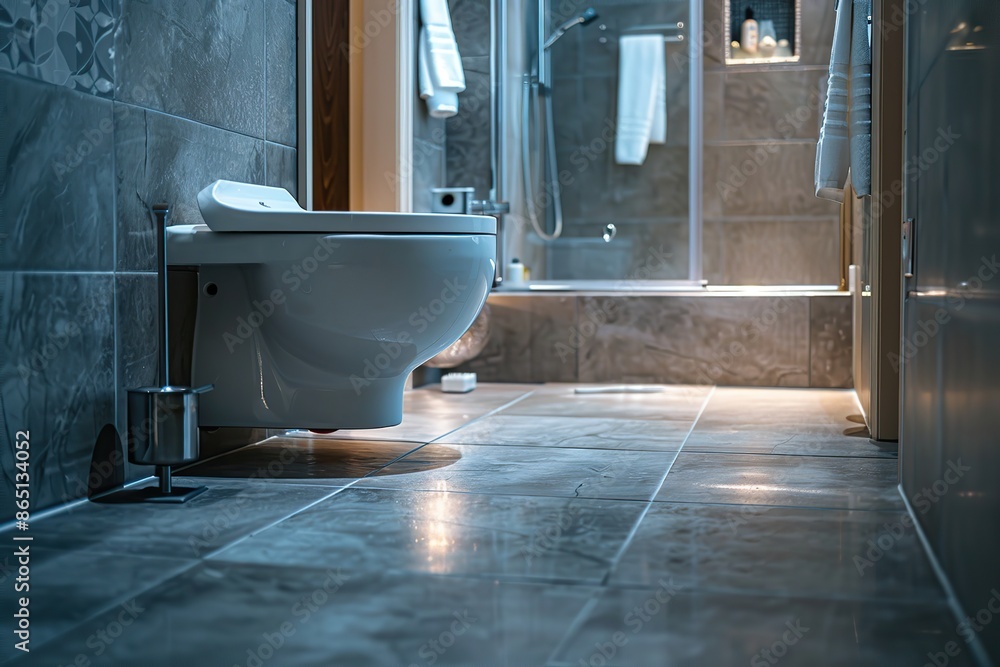 Toilet. Flush clean toilet in modern bathroom. White ceramic toilet bowl near dark grey wall ...