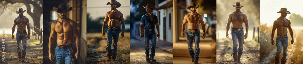 Collection of Handsome muscular cowboys wearing jeans, boots, and ...