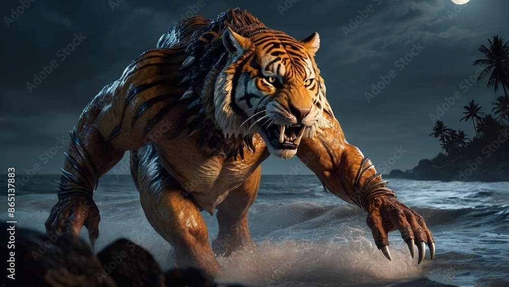 3D tiger monster in the moonlit night Saber-toothed Tiger fearsome ...