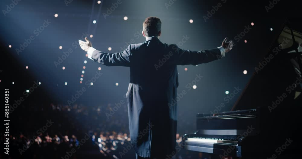 Male Pianist in a Ceremonial Tailcoat Enters the Stage with a Black ...