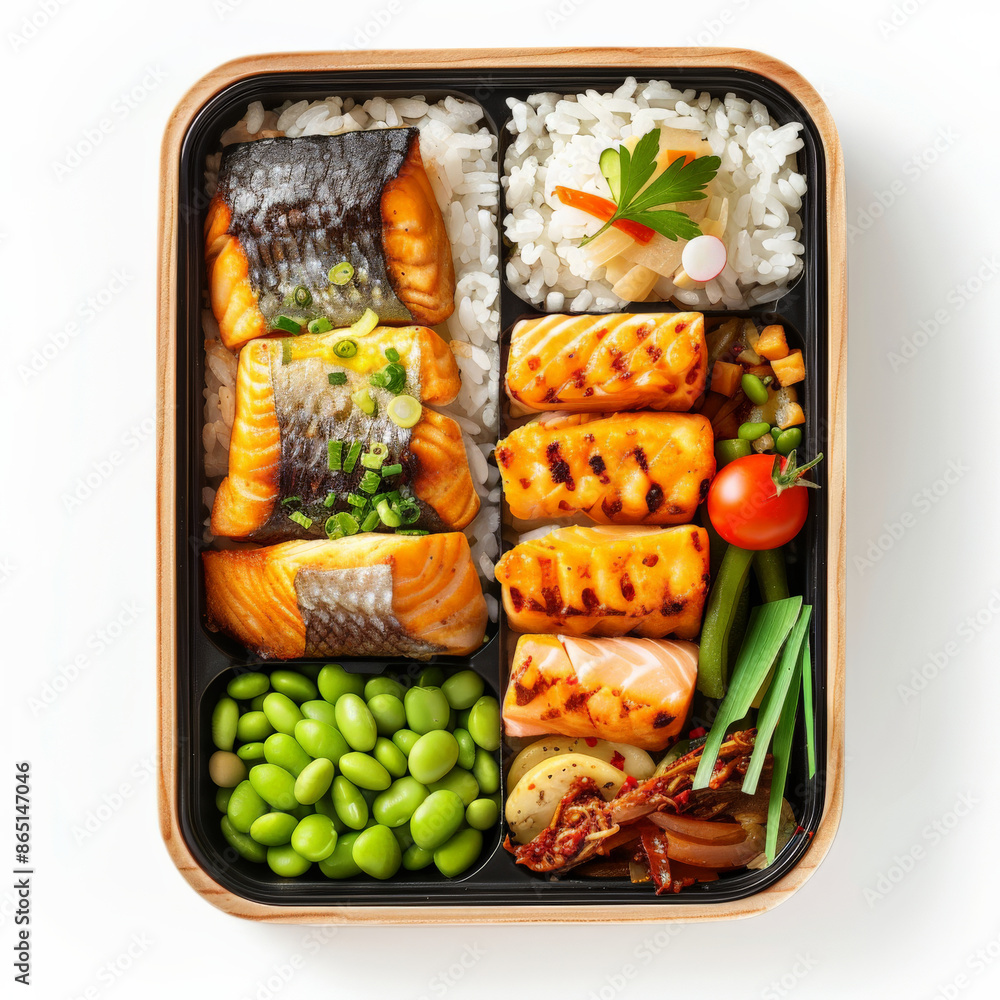 A traditional Japanese bento box filled with rice, grilled fish ...