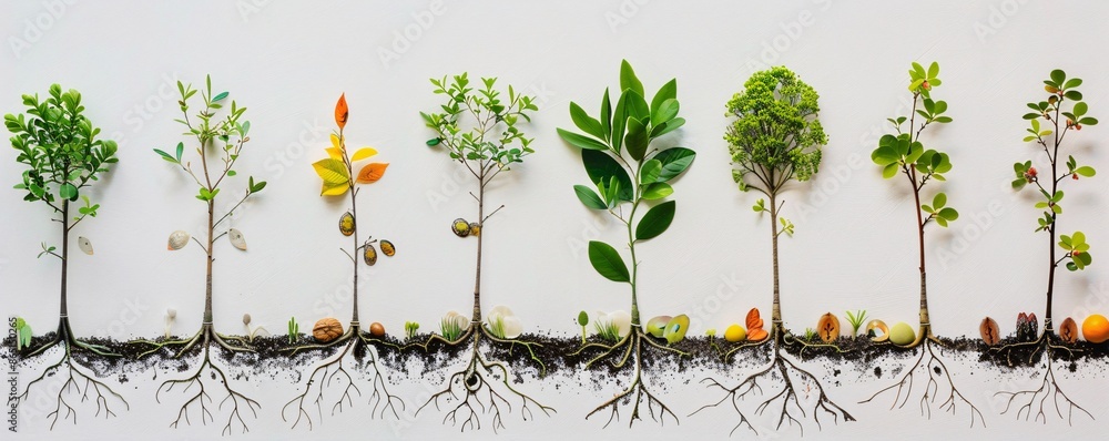 Trees growing showing stages of development with roots, concept of ...