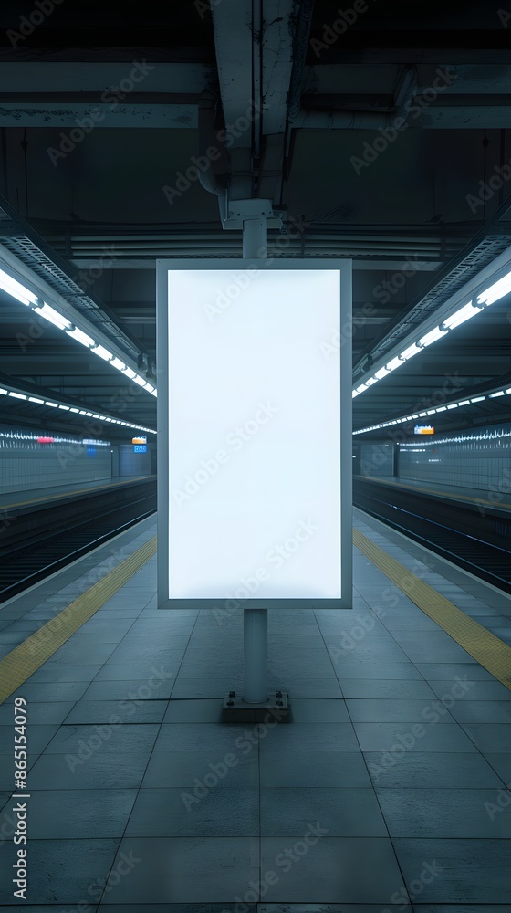 Empty blank vertical billboard in an underground train station ...