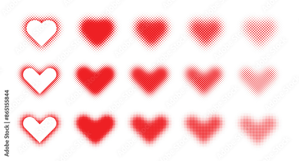 Heart-shaped elements set in a halftone pop art style. Various density ...