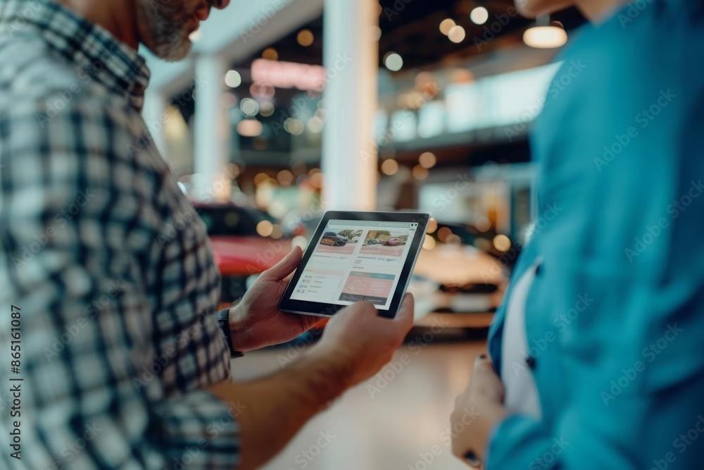 A car salesperson using a tablet to show a customer the specifications ...
