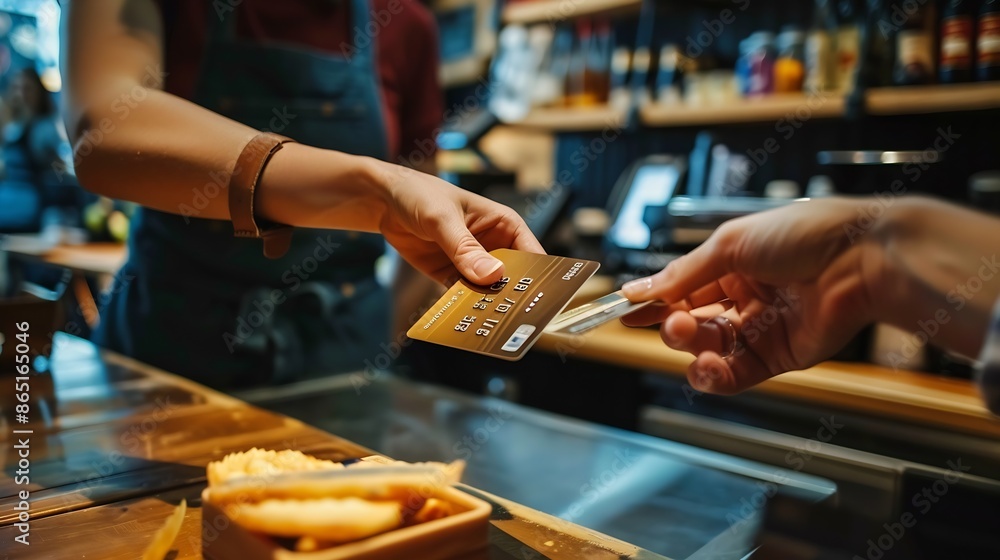 Debit card point of sale and hands of restaurant people cashier clerk ...