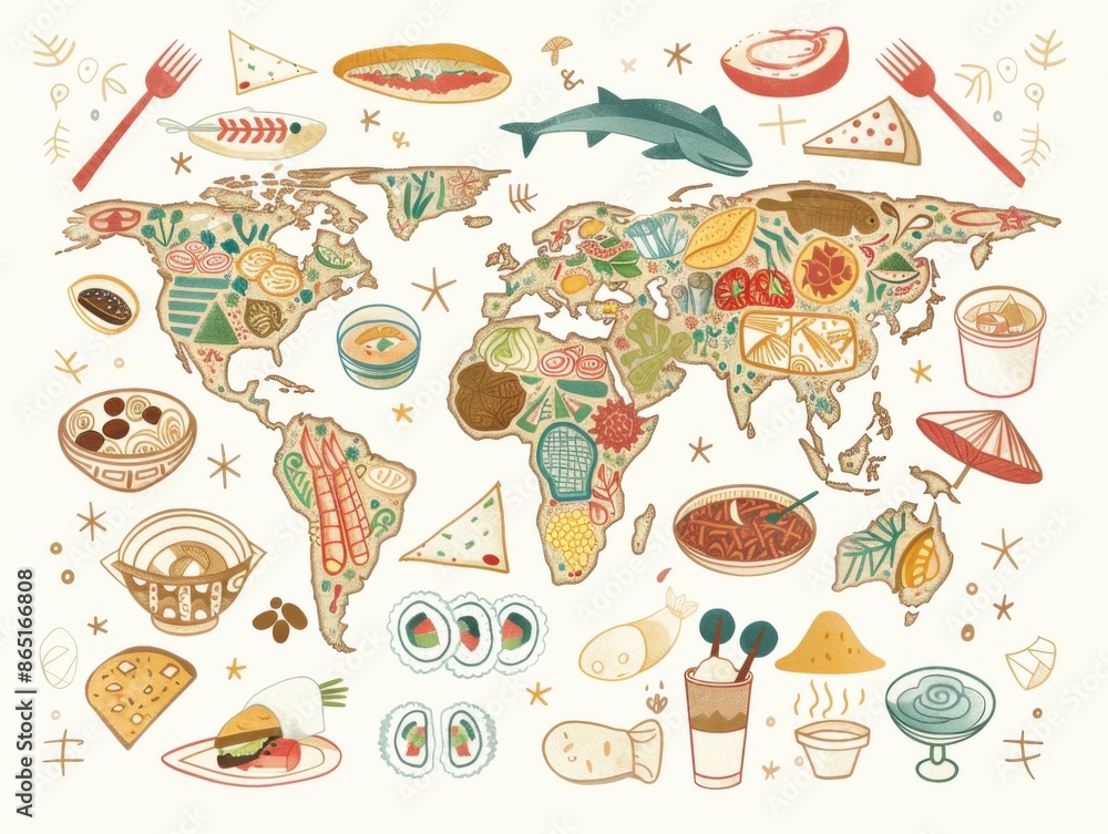 Global cuisine map (sushi, pizza, taco symbols) (food icons on world ...