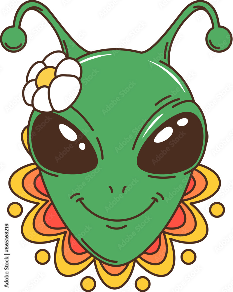 Cartoon groovy space character of funny alien with daisy flowers ...