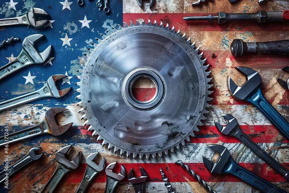 Patriotic collection of worn and used work tools with small US American ...
