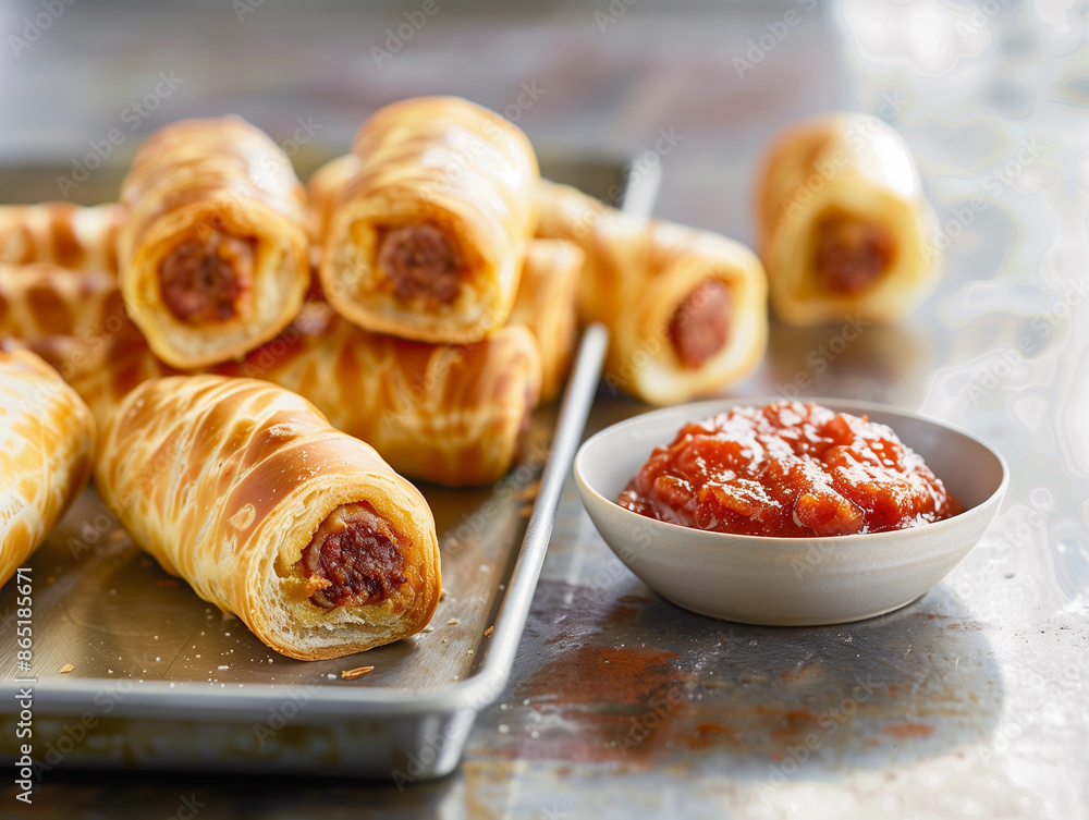 Meaty party flaky beef mince sausage roll tomato ketchup sauce ...