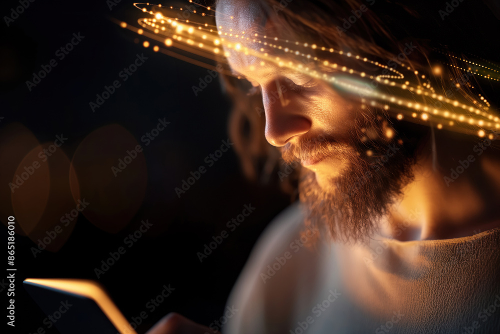 Jesus Christ With Golden Light Halo Overlay And Deep Focus Stock ...
