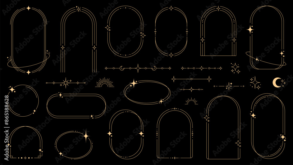 Magic celestial arch frames and borders, y2k shapes of vector line minimal boho stars, moon, sun ...