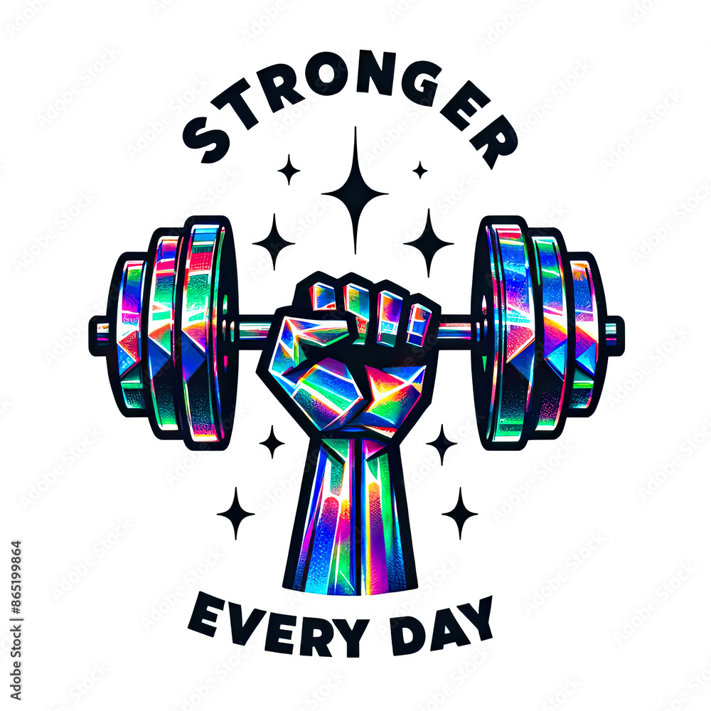abstract vibrant gym sticker with hands holding dumbbells with text ...