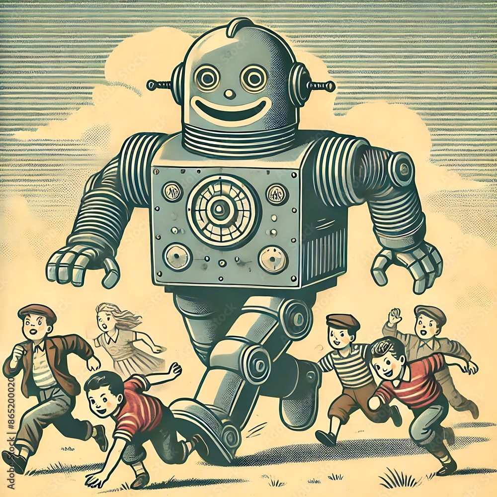 arge, retro-style robot chasing a group of boys who are running away in ...