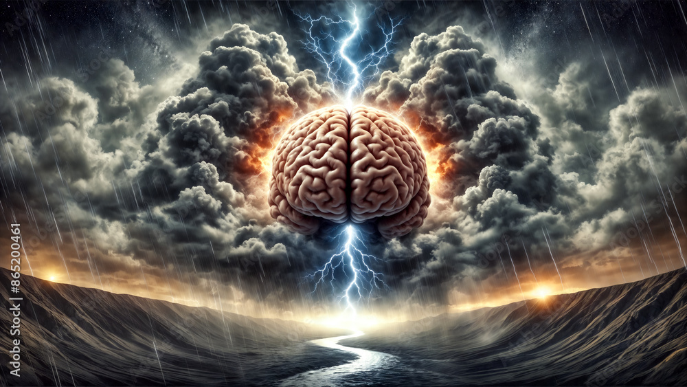 Brainstorming - surreal image of brain floating in the sky, surrounded ...