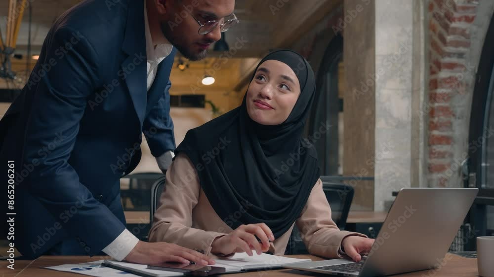 Muslim woman hijab female businesswoman student work laptop at office ...
