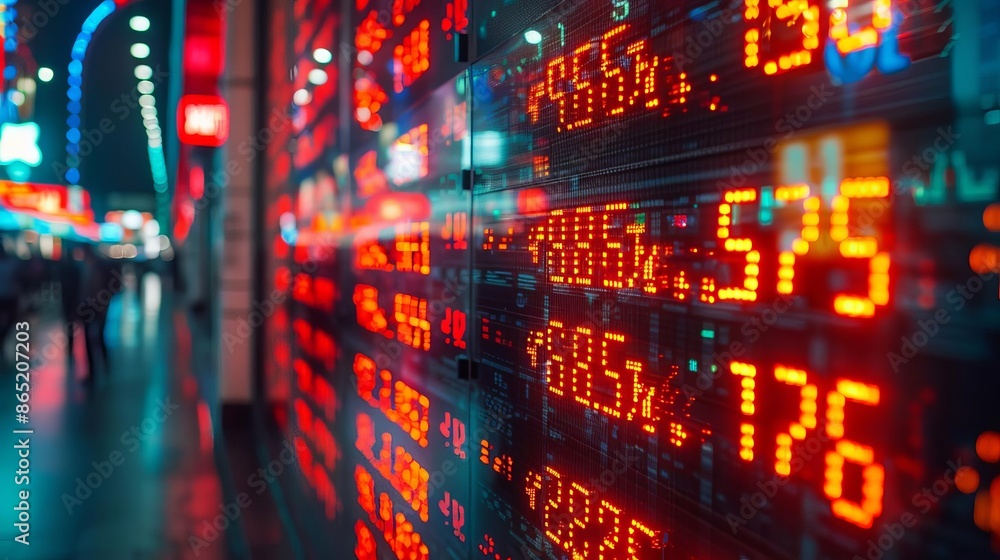 Corporate office wall adorned with illuminated financial symbols ...