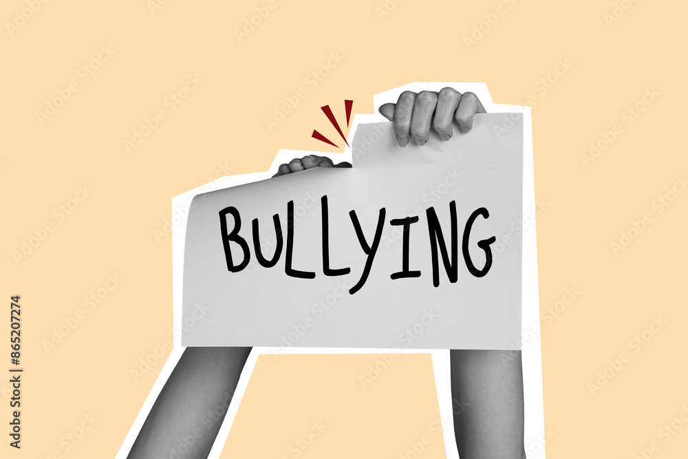 Composite photo collage of hands hold rebellion placard stop bullying ...