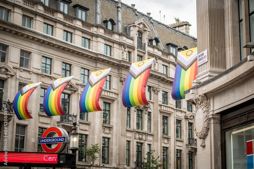 LONDON- Pride flags on display on Regent Street, famous London landmark ...