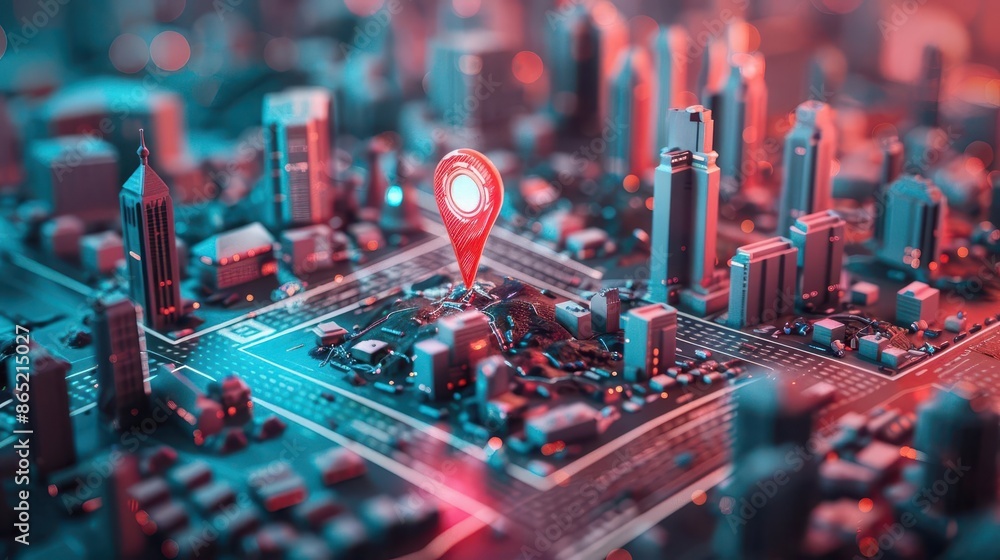 futuristic geofencing technology concept with stylized miniature city ...