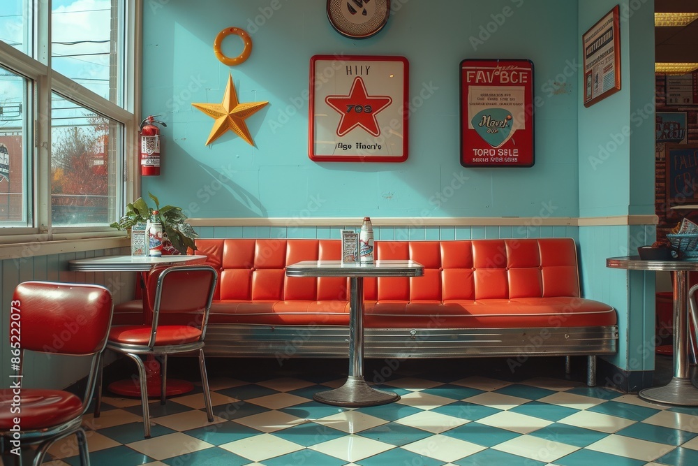 An inviting retro diner interior features red vinyl booths and a black ...