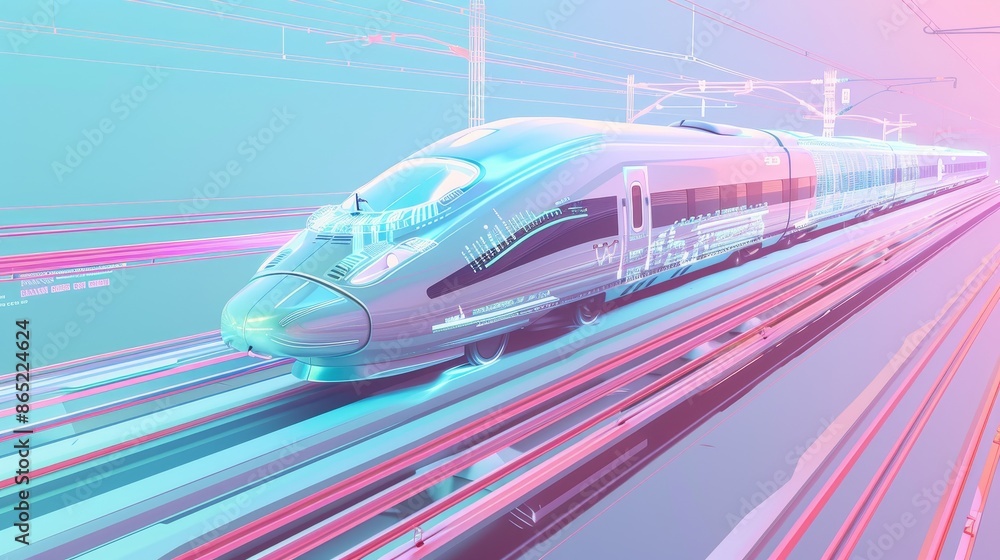 Modern, high-speed train data visualization with soft blue and pink color scheme, conveying ...