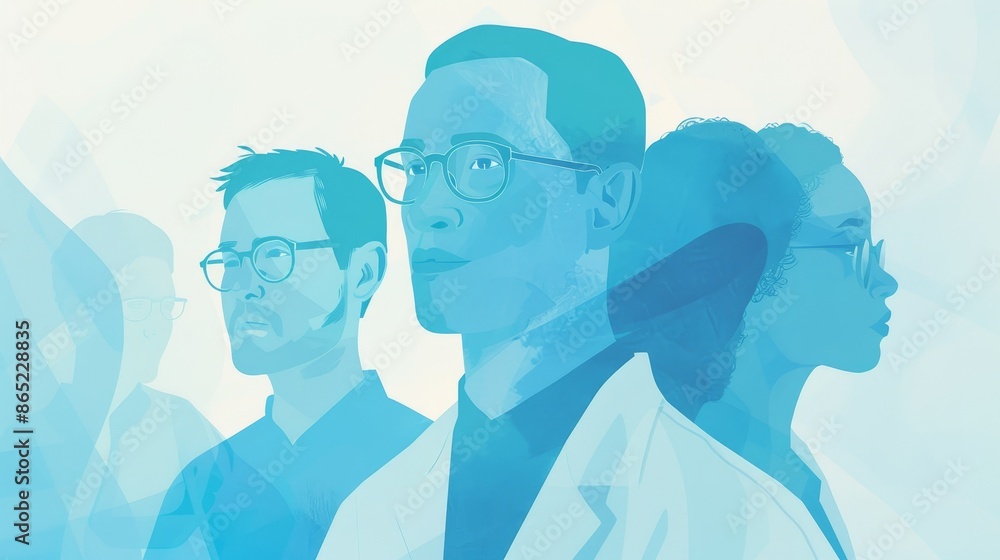 Colorful illustration of three diverse medical professionals, central ...