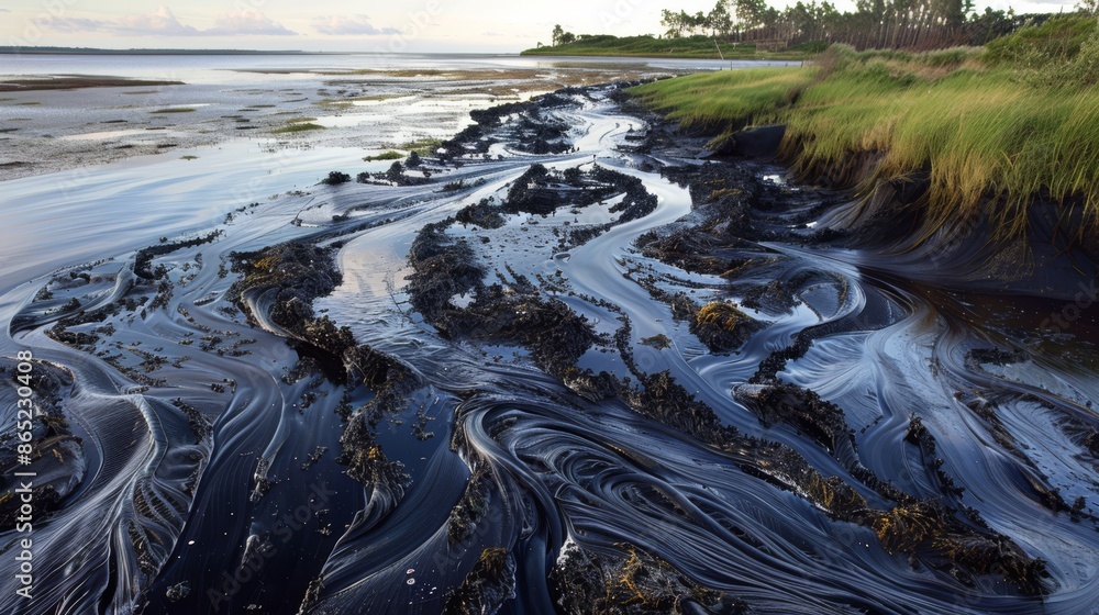 Black oil spill contaminating a coastal shoreline, with thick, glossy ...