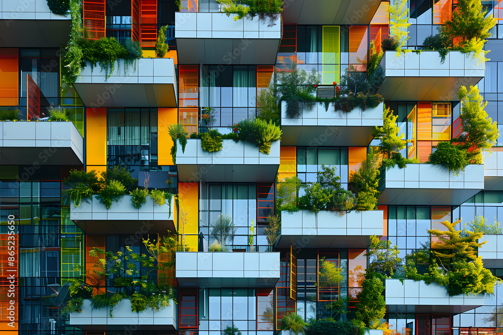 A vibrant image of a modern high-rise apartment building with large ...