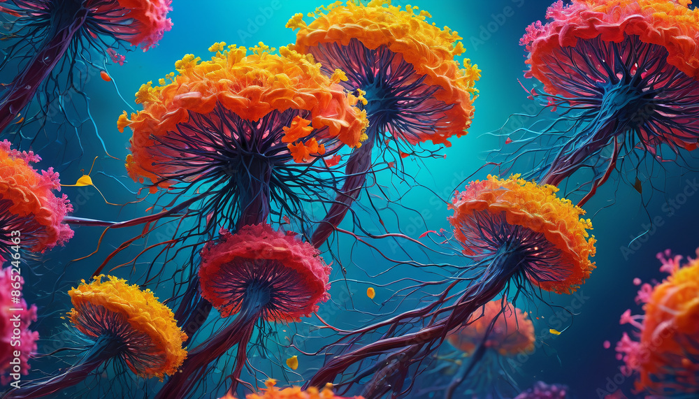 An abstract oil painting depicting the cycle of neurogenesis, showing ...