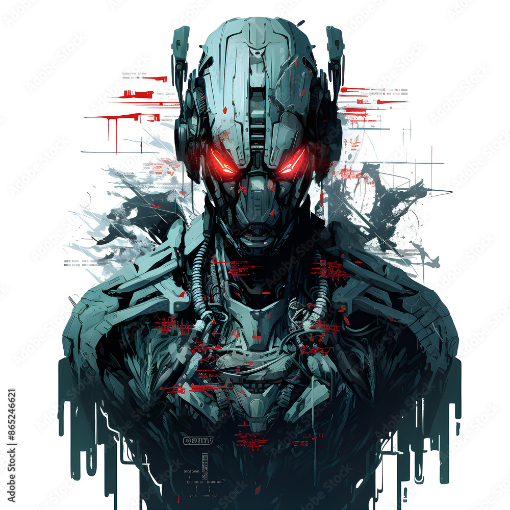 T-shirt design of a cyberpunk exo-suit rebel, mecha-inspired, defiant ...