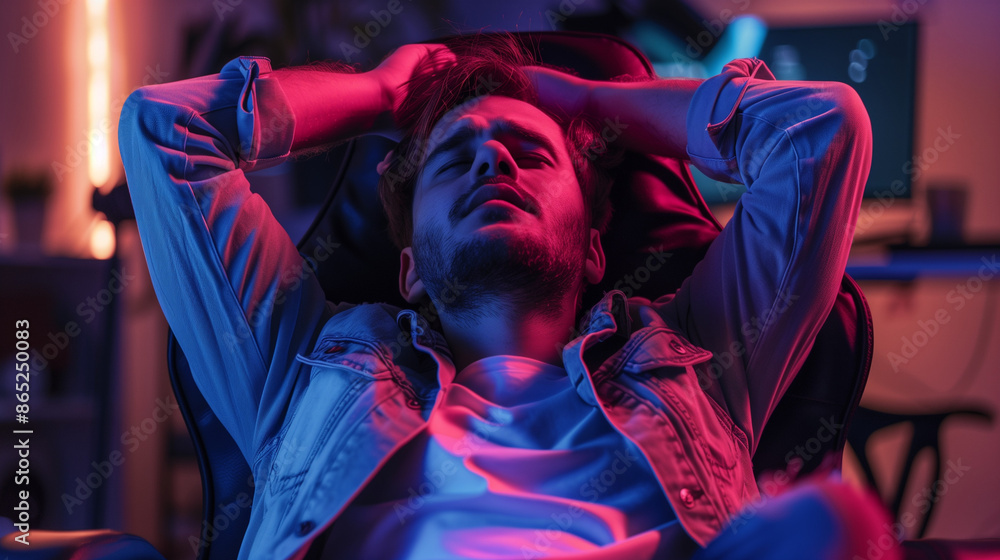 man sitting on a gaming chair while exhausted and facing upwards, tired ...