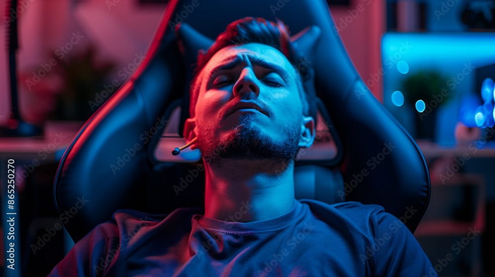 man sitting on a gaming chair while exhausted and facing upwards, tired ...