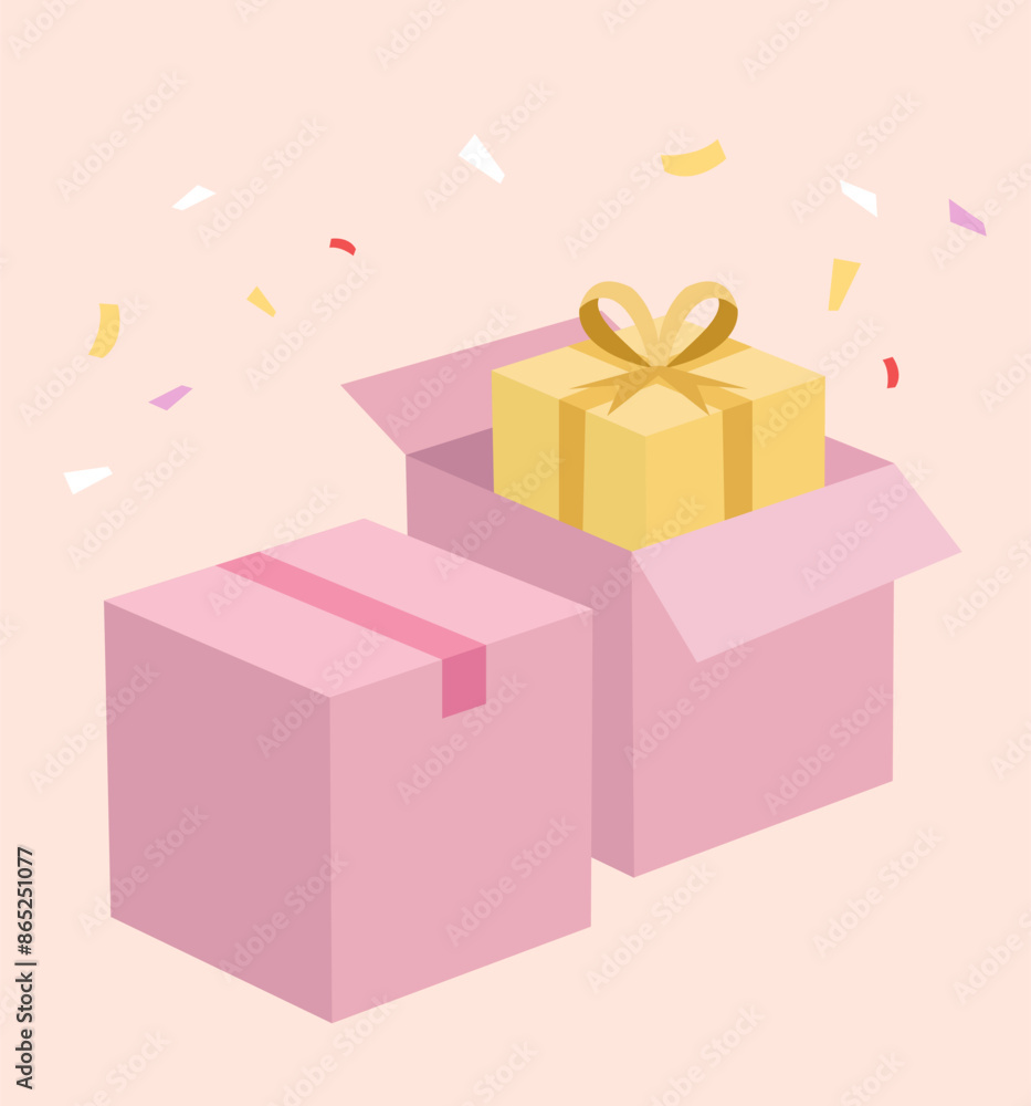 Pink shipping box with golden gift box. Vector illustration. Could be ...