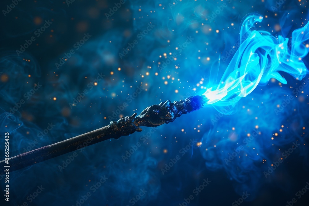 Wizard s magical blue wand on a mysterious background Stock ...