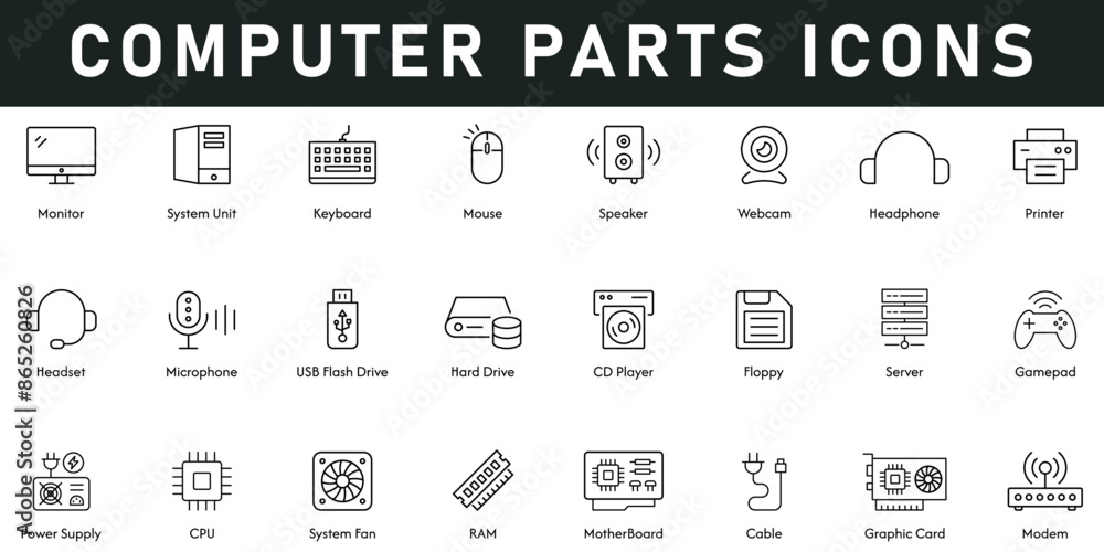Computer Parts Icons vector illustration with thin line editable stroke ...