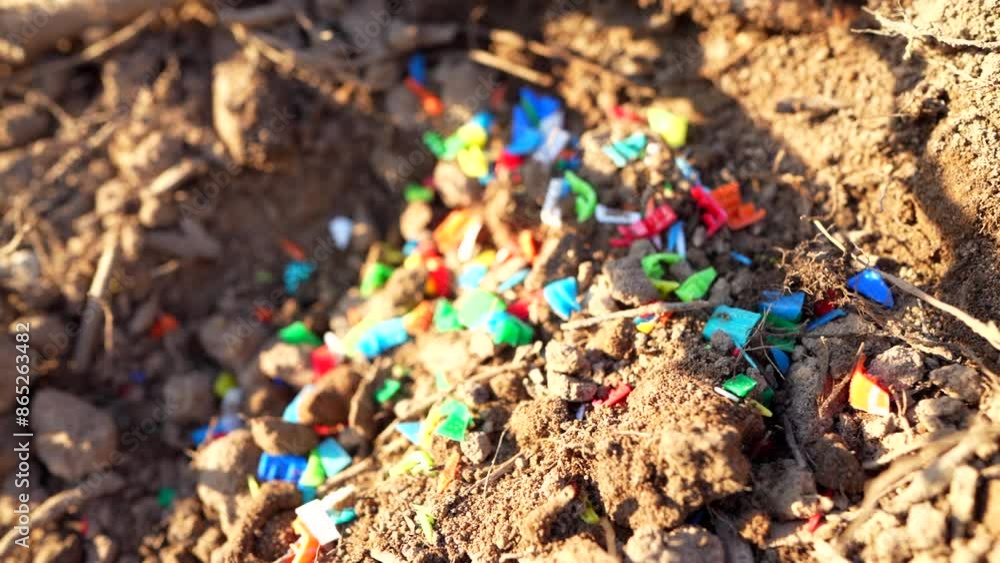 Microplastic pollution. Microplastics in ground. Soil contaminated with ...