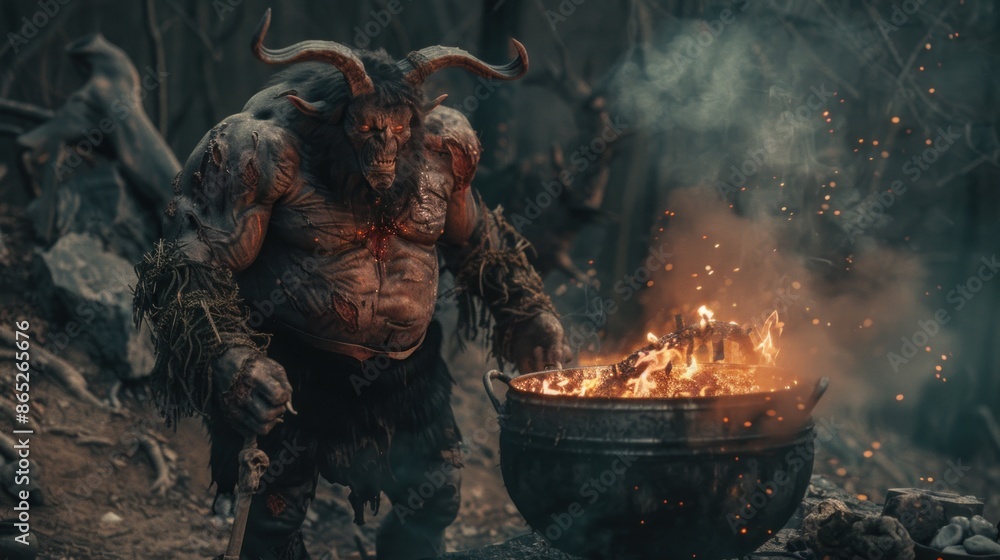 A portrait of a red eye horned devil standing to a huge cauldron in ...